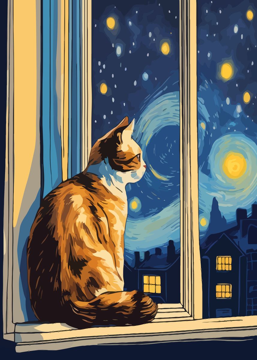 'Starry Night Cat ' Poster, picture, metal print, paint by Animal ...