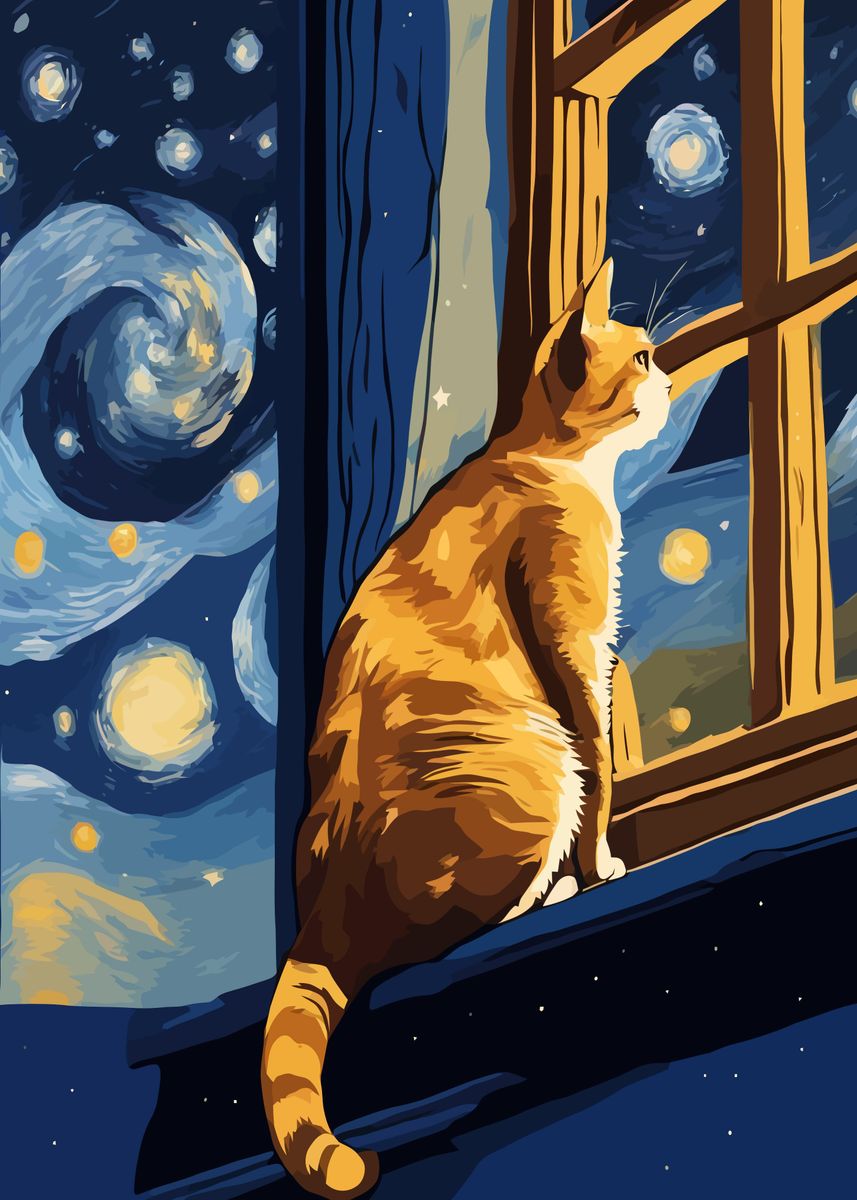 'Starry Night Cat ' Poster, picture, metal print, paint by Animal ...