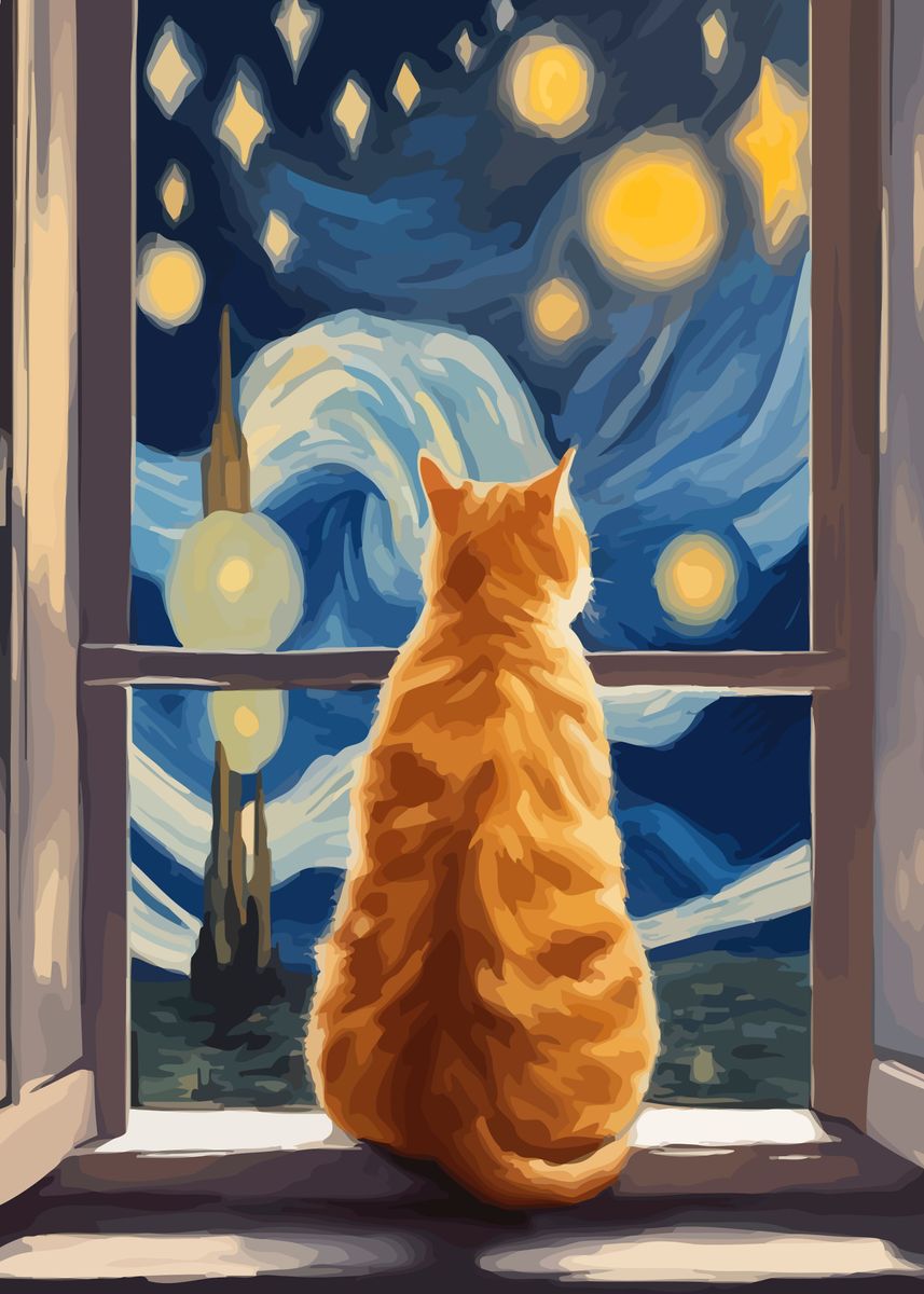 'Starry Night Cat ' Poster, picture, metal print, paint by Animal ...