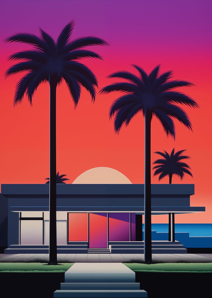 'Red Sky Sunset At Villa' Poster, picture, metal print, paint by Akaiji ...