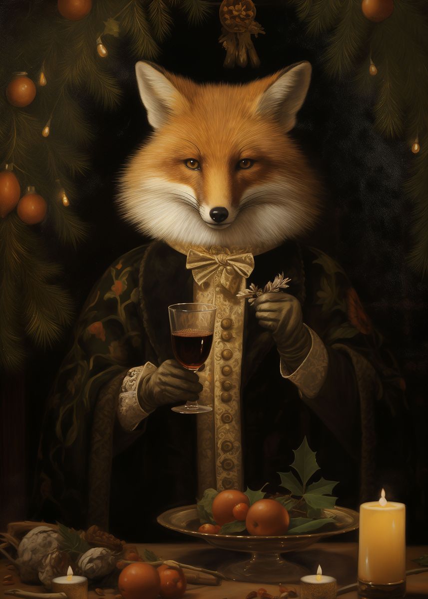 'Fox Drink Wine Xmas' Poster, picture, metal print, paint by Dasi Vett ...