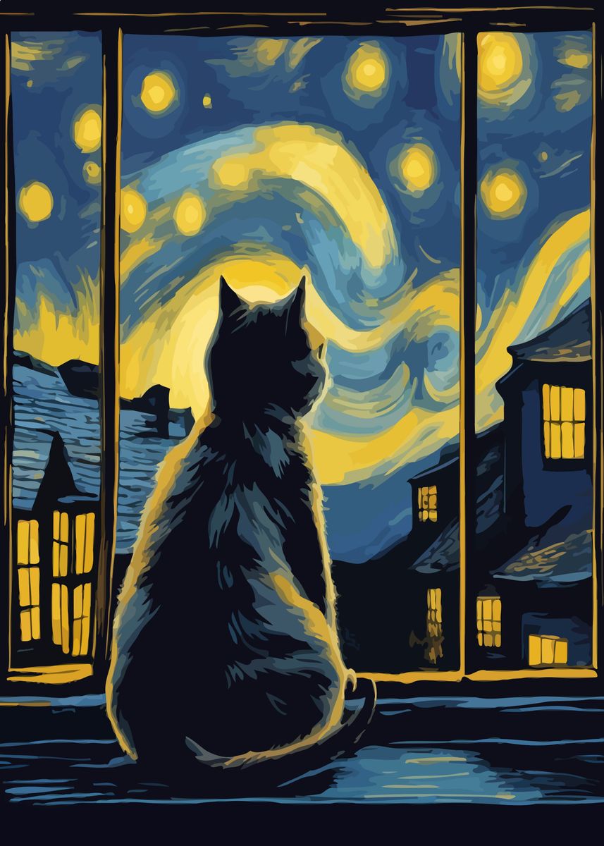 'Starry Night Cat' Poster, picture, metal print, paint by Animal Poster ...
