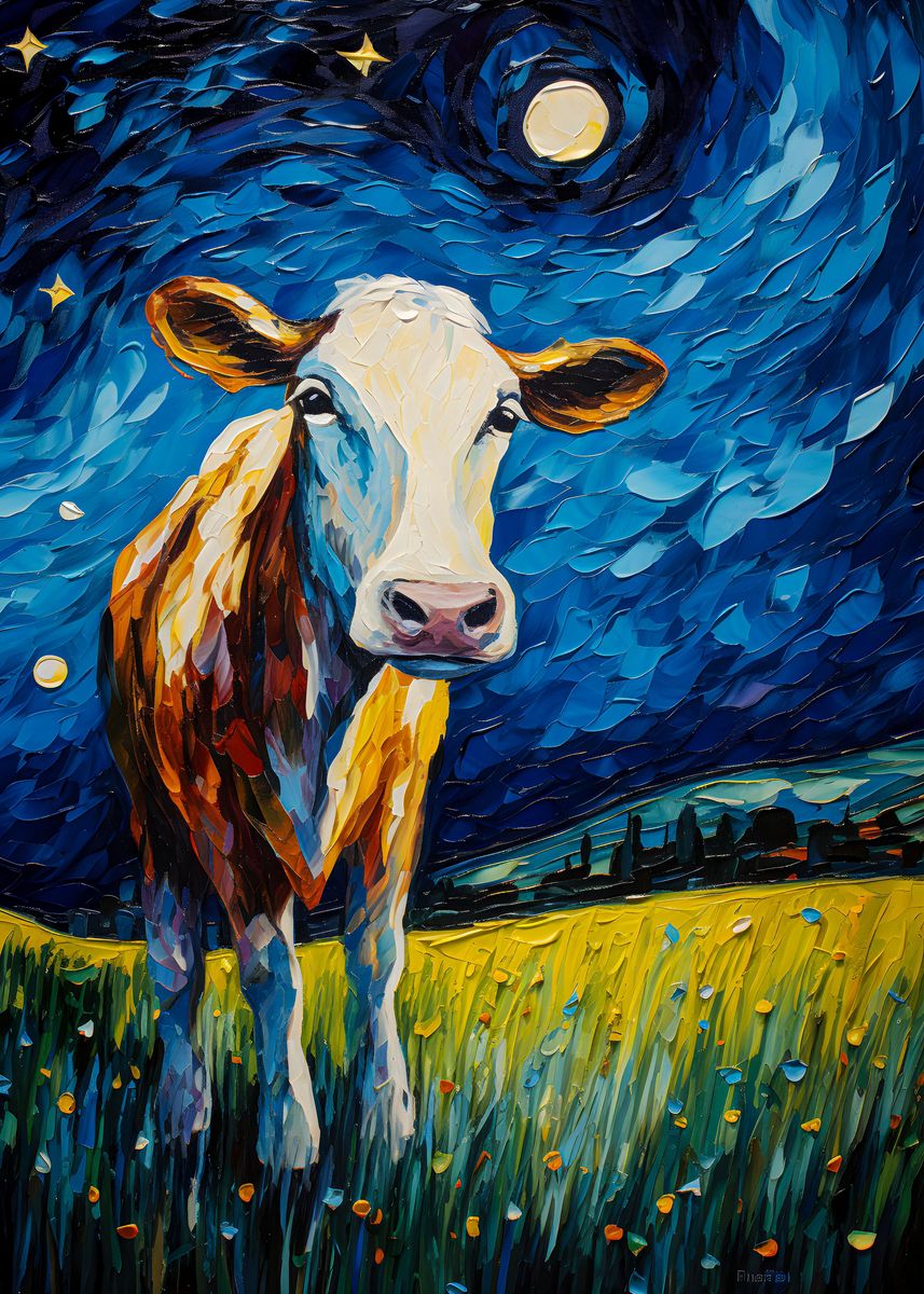 'The Starry Night Cow' Poster, picture, metal print, paint by Danan ...