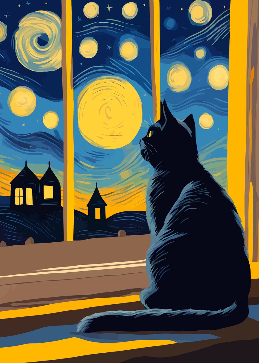 'Starry Night Cat' Poster, picture, metal print, paint by Animal Poster ...