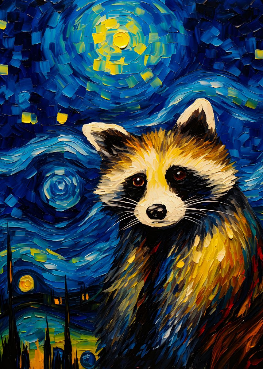 'The Starry Night Raccoon' Poster, picture, metal print, paint by Danan ...