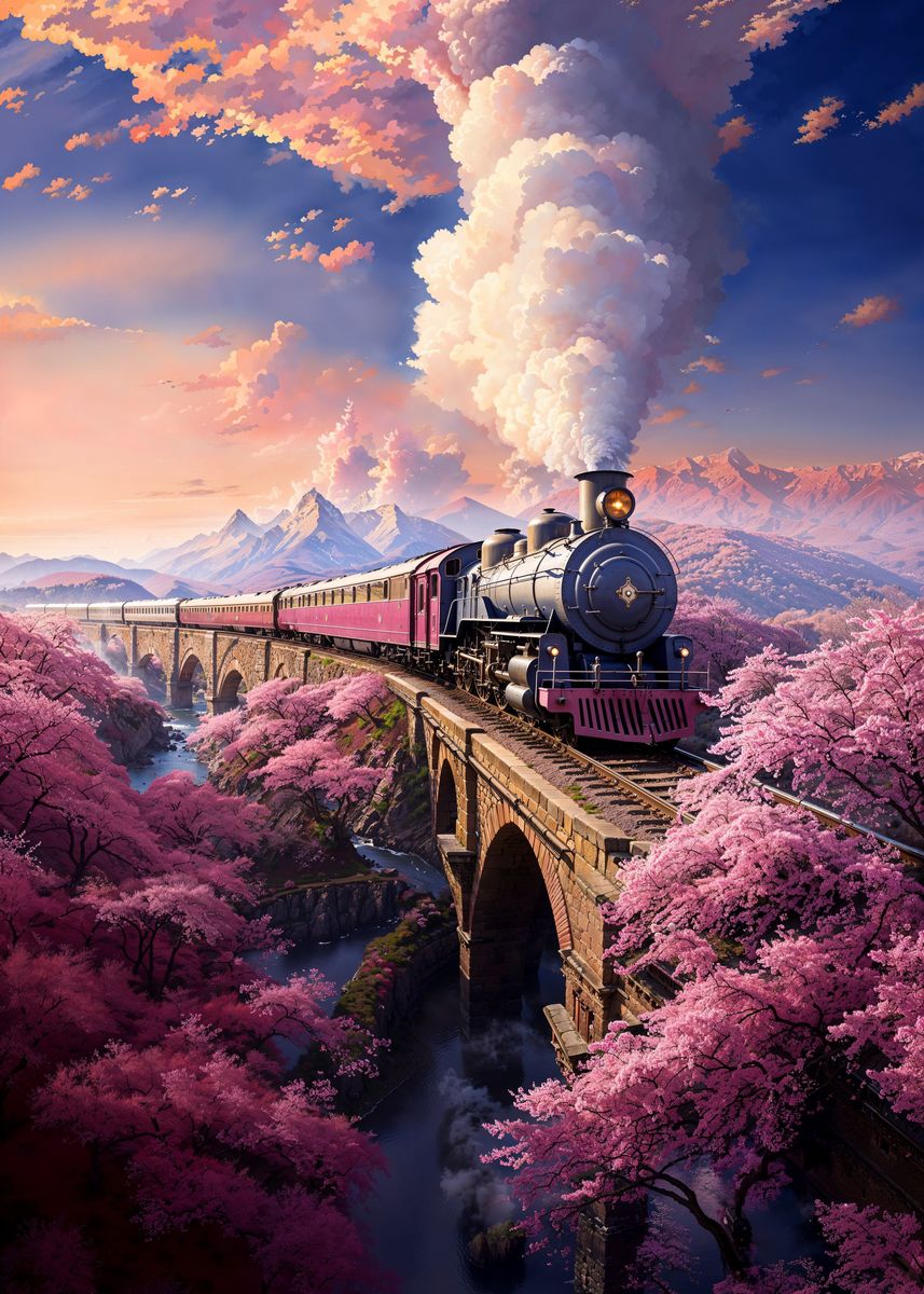 'Vintage Sakura Steam Train' Poster, picture, metal print, paint by ...