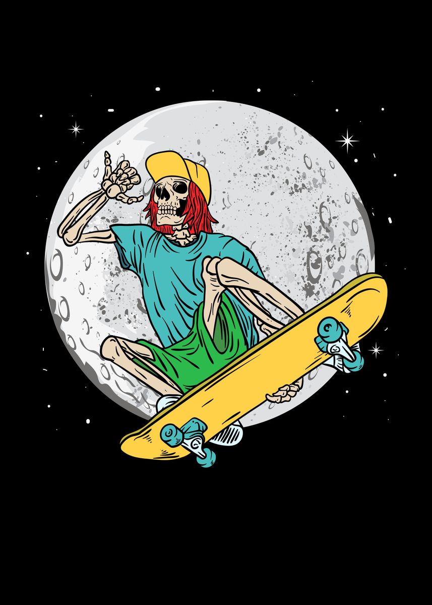 'Skateboarding Skeleton' Poster, picture, metal print, paint by ...