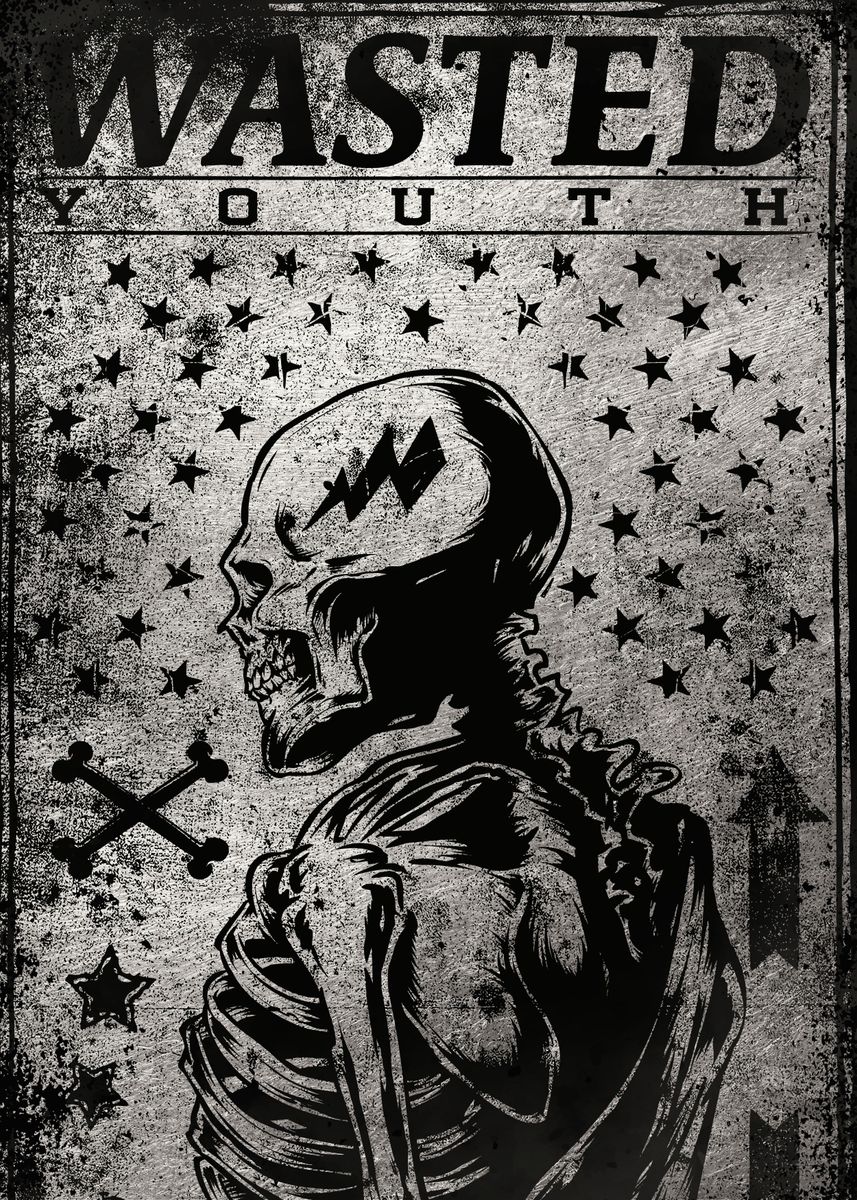 'Wasted youth skeleton' Poster, picture, metal print, paint by Nolan ...