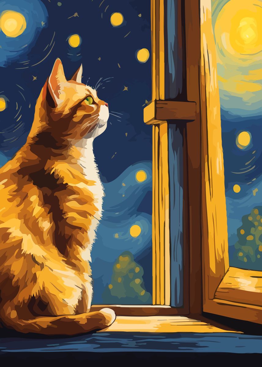 'Starry Night Cat' Poster, picture, metal print, paint by Animal Poster ...