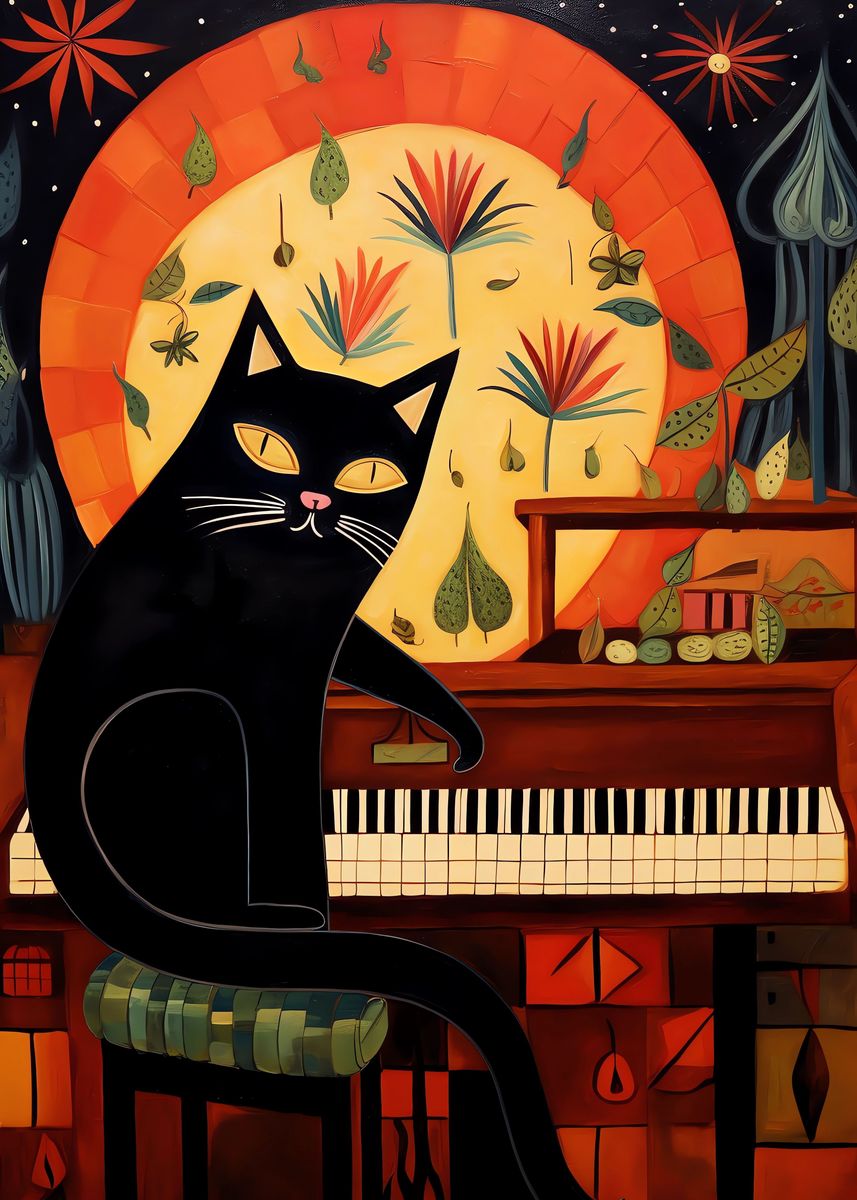 'Black Cat Play the Piano' Poster, picture, metal print, paint by AI ...