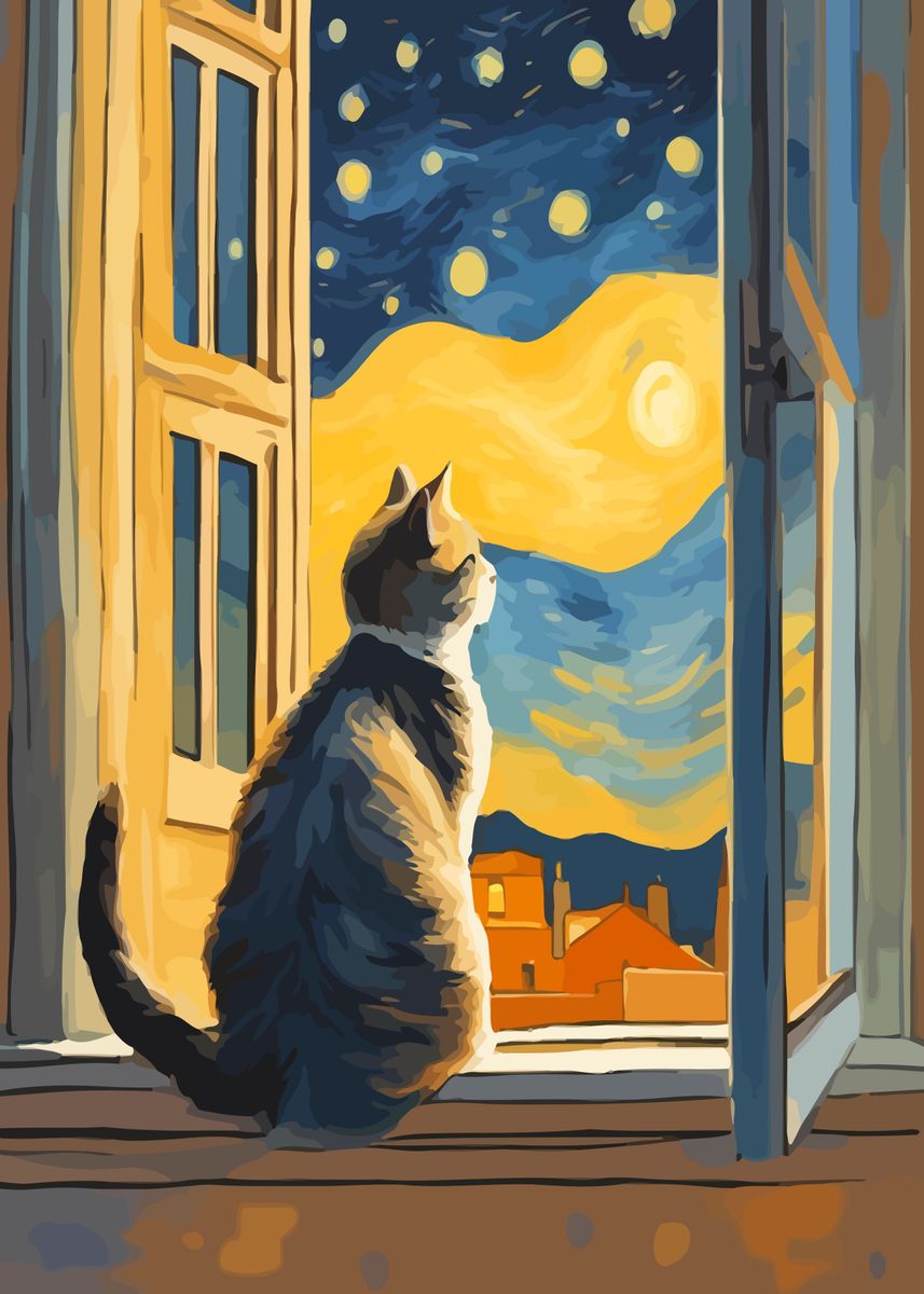 'Starry Night Cat' Poster, picture, metal print, paint by Animal Poster ...