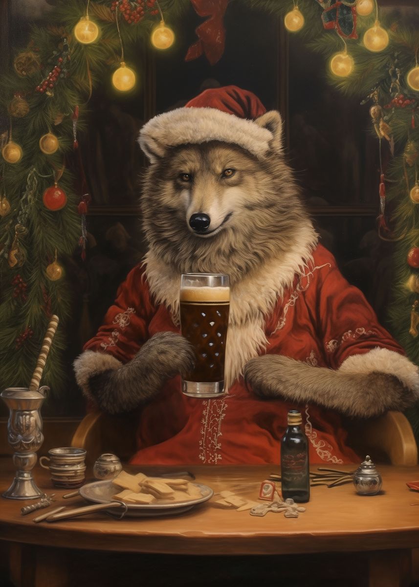 'Wolf Drink Beer Xmas' Poster, picture, metal print, paint by Dasi Vett ...