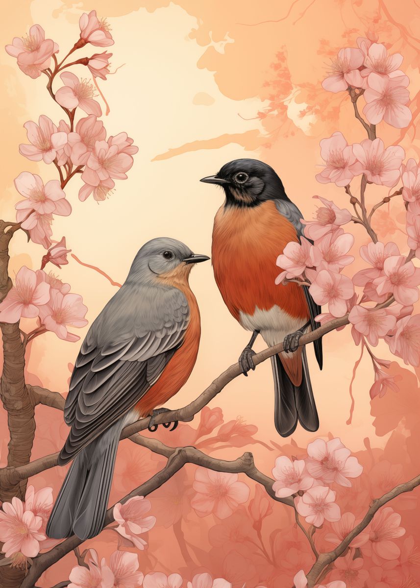 'Robin Bird Couple Art' Poster, picture, metal print, paint by Suzette ...