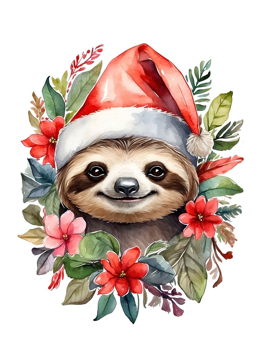 'Festive Sloth Serenity' Poster, picture, metal print, paint by Swan ...