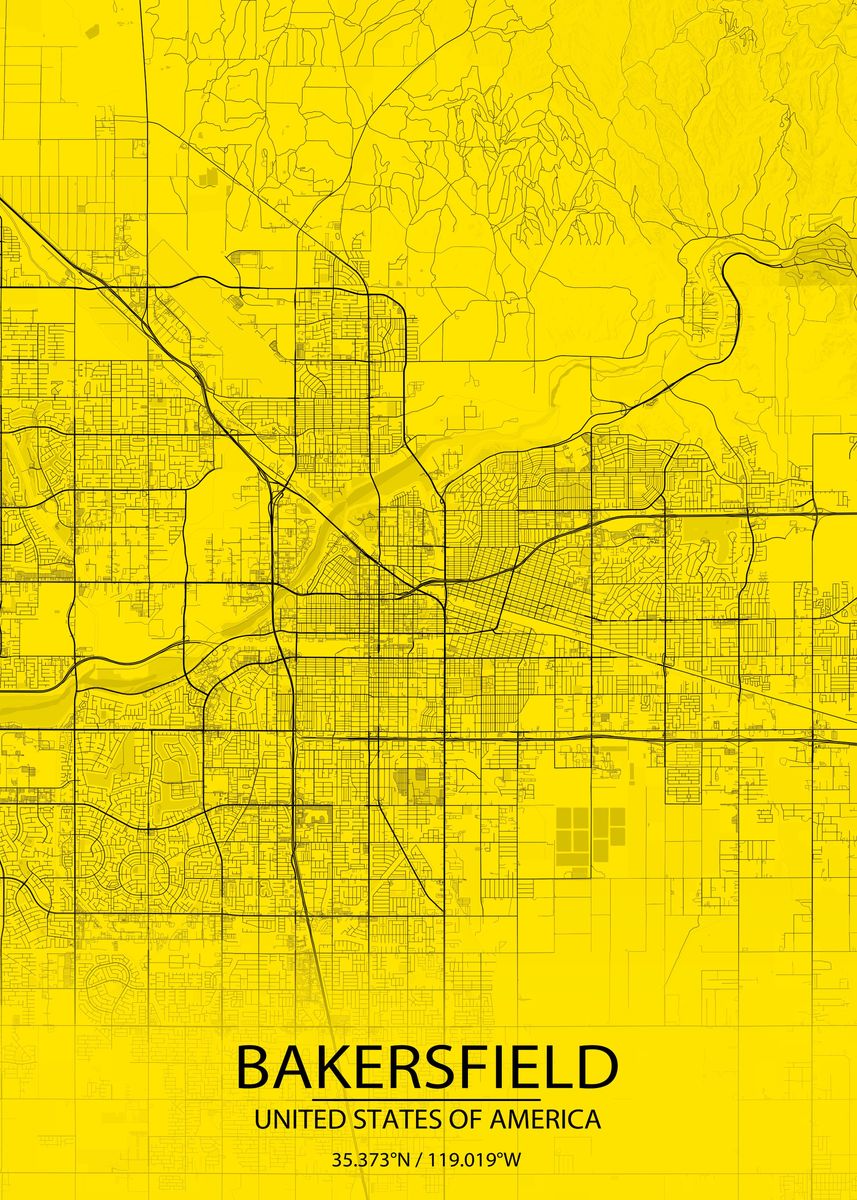 'Bakersfield YellowBlackMap' Poster, picture, metal print, paint by ...