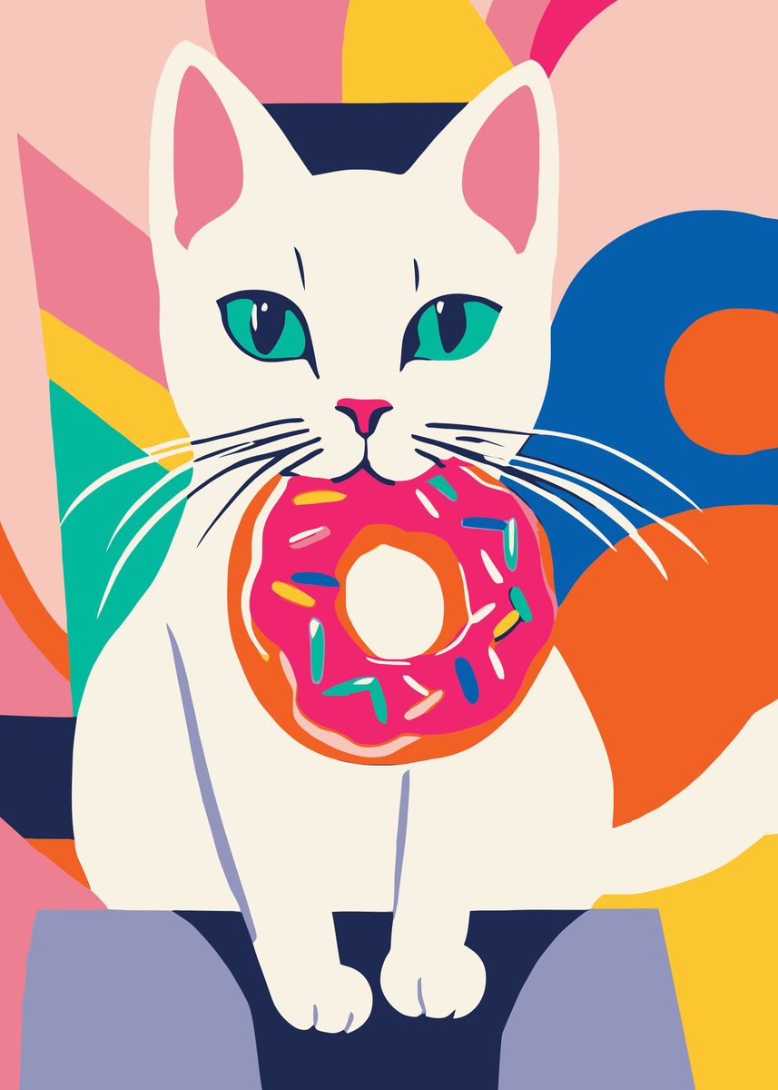 'Cat with Donut' Poster, picture, metal print, paint by HyggeStudio ...