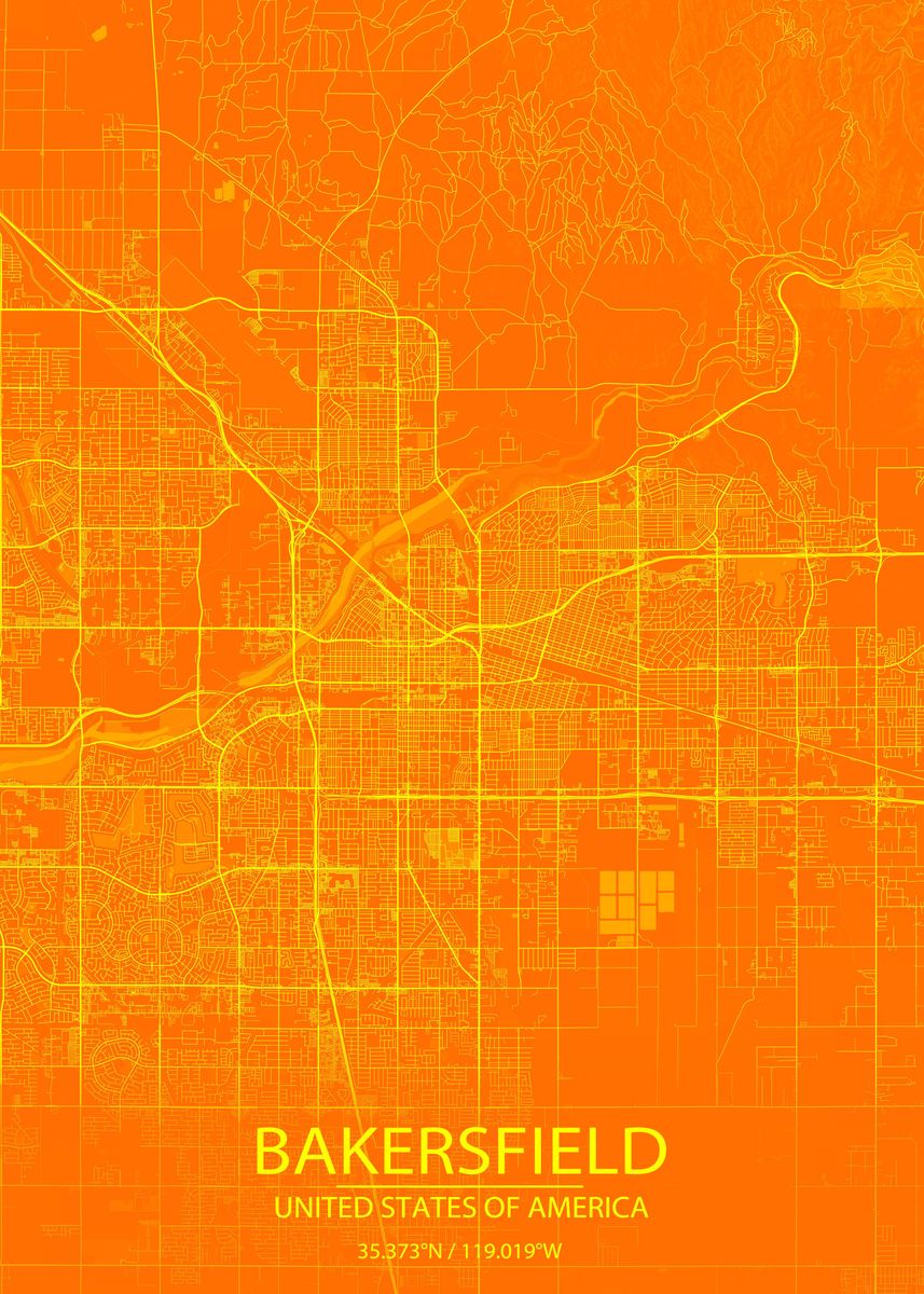 'Bakersfield USA Orange Map' Poster, picture, metal print, paint by ...