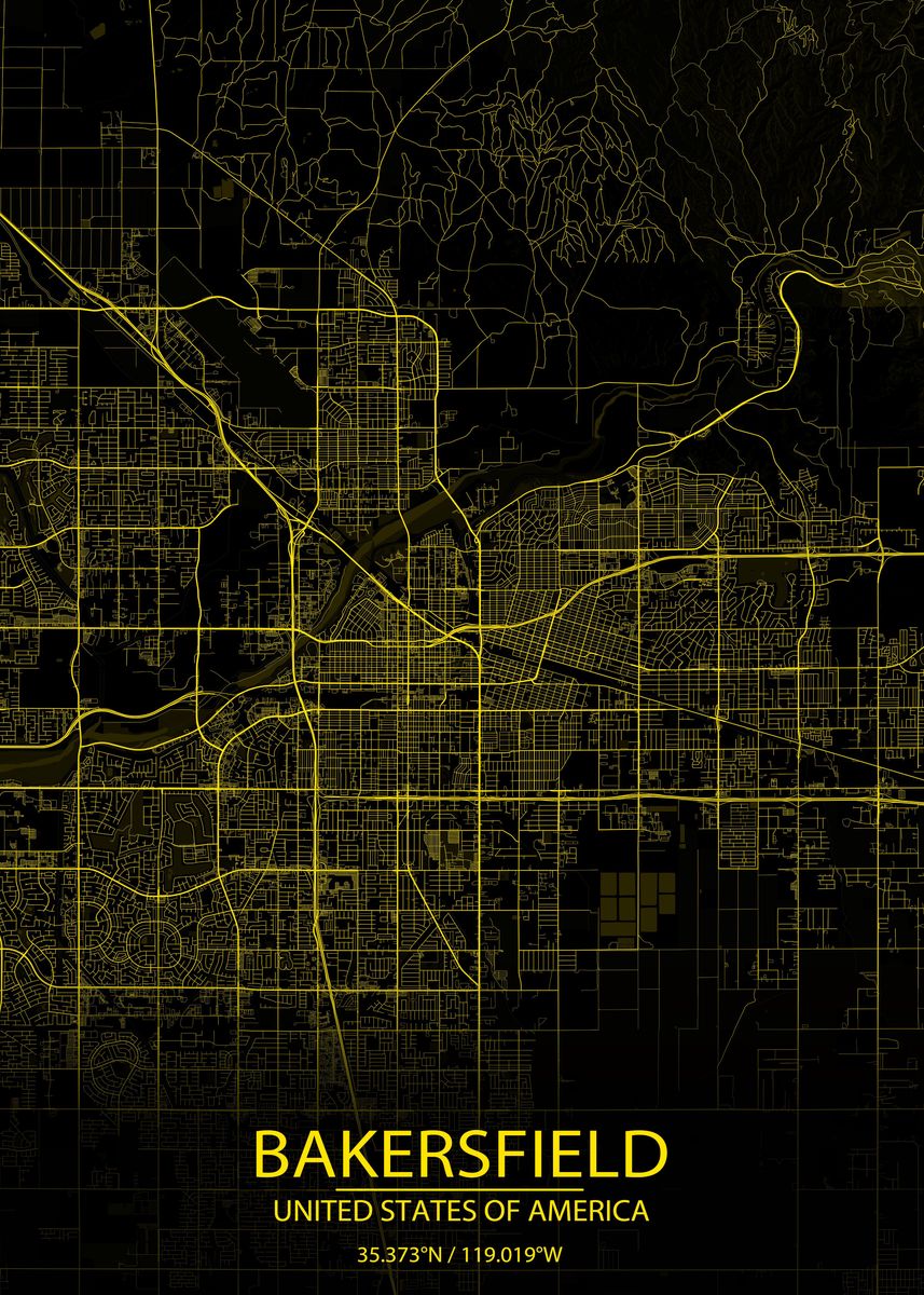 'Bakersfield BlackYellowMap' Poster, picture, metal print, paint by ...