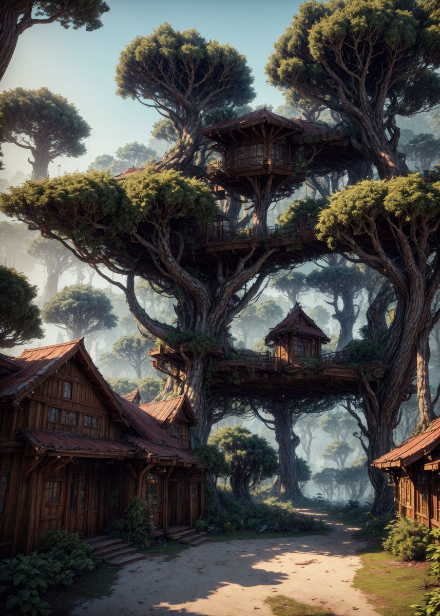 'Fantasy Tree City' Poster, picture, metal print, paint by Dylan | Displate