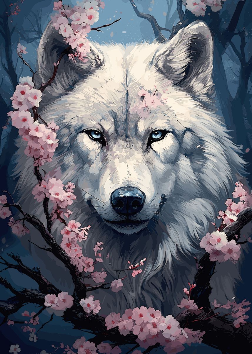 'wolf cherry blossom' Poster, picture, metal print, paint by ...