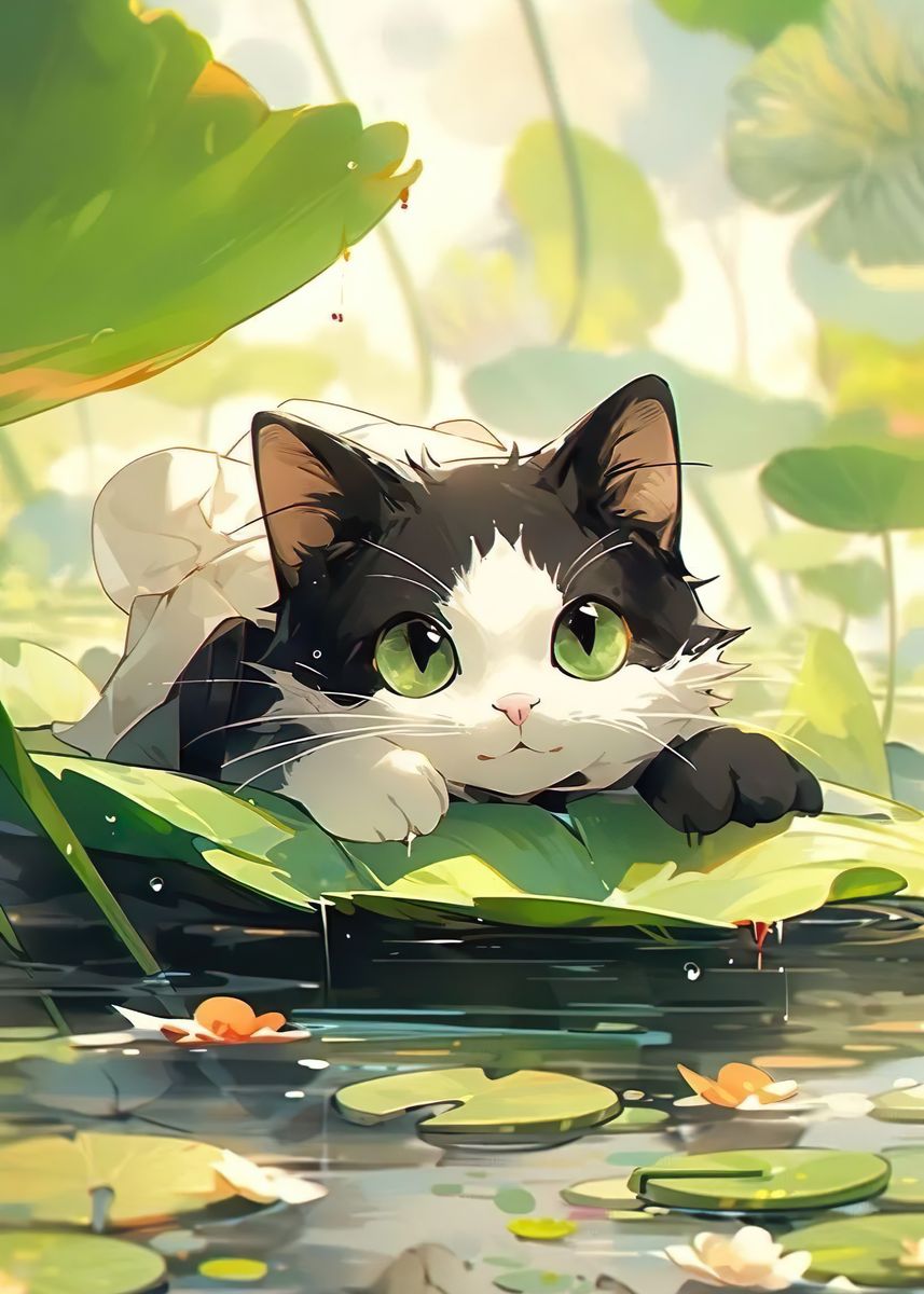 'Cute Cat on the River' Poster, picture, metal print, paint by ...