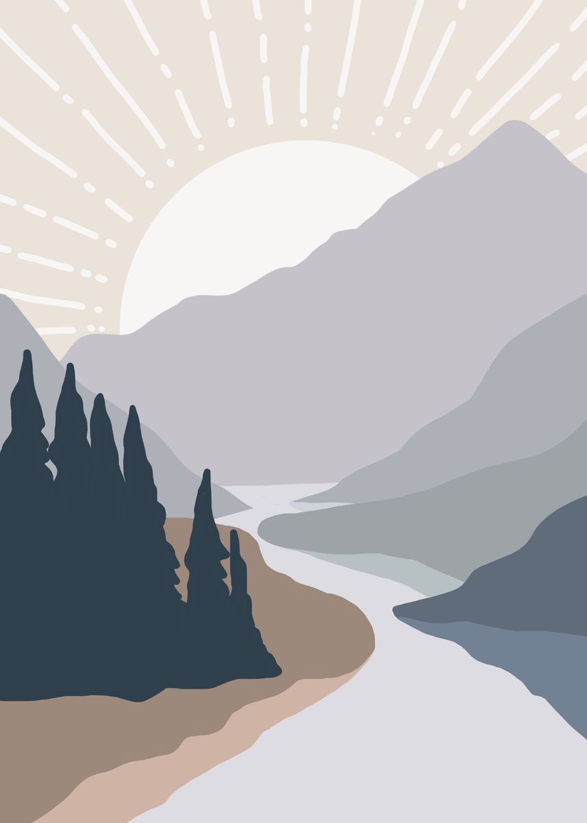 'mountain sunset boho style' Poster, picture, metal print, paint by ...