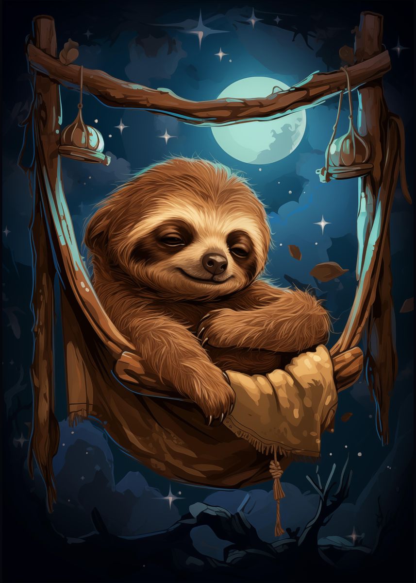 'Lazy Sloth Sleep Hammock' Poster, picture, metal print, paint by ...
