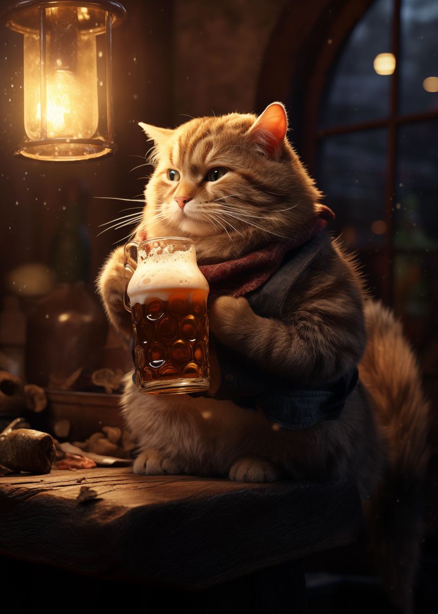 'Fluffy Cat Drinking Beer' Poster, picture, metal print, paint by Zenz ...