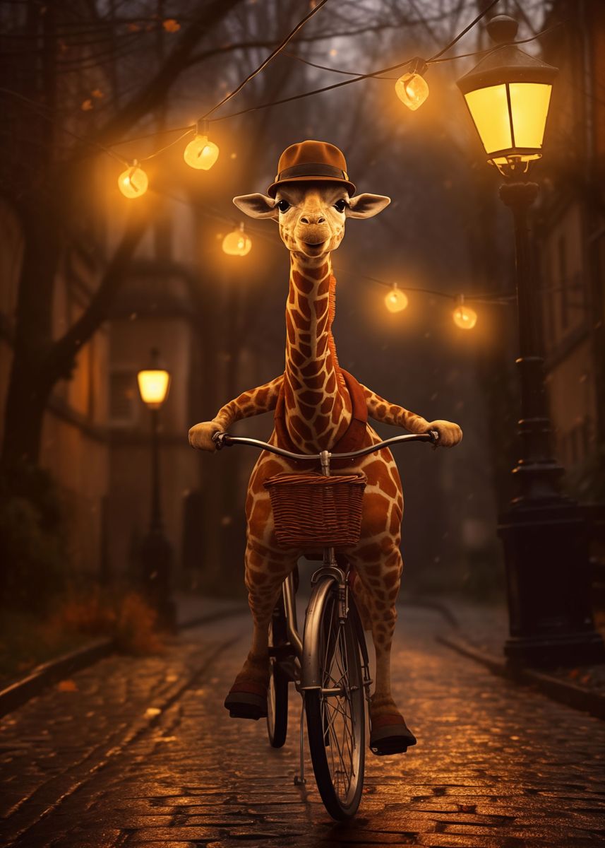 'Giraffe Riding a Bicycle' Poster, picture, metal print, paint by ...