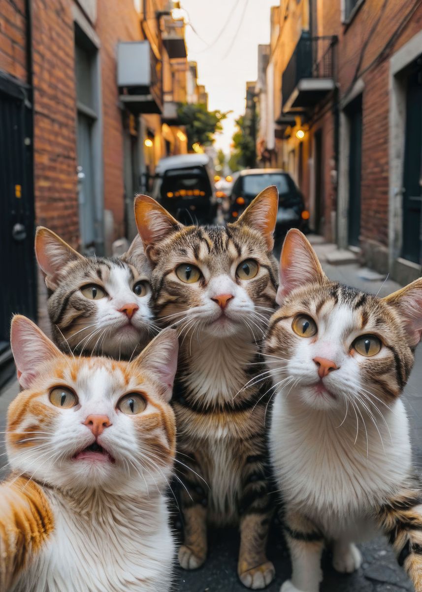 'Cat team taking selfie' Poster, picture, metal print, paint by Ji wong ...