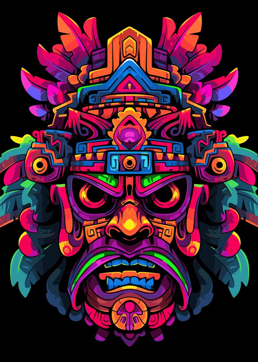 'Aztec Mask Neon' Poster, picture, metal print, paint by SuperNova ...