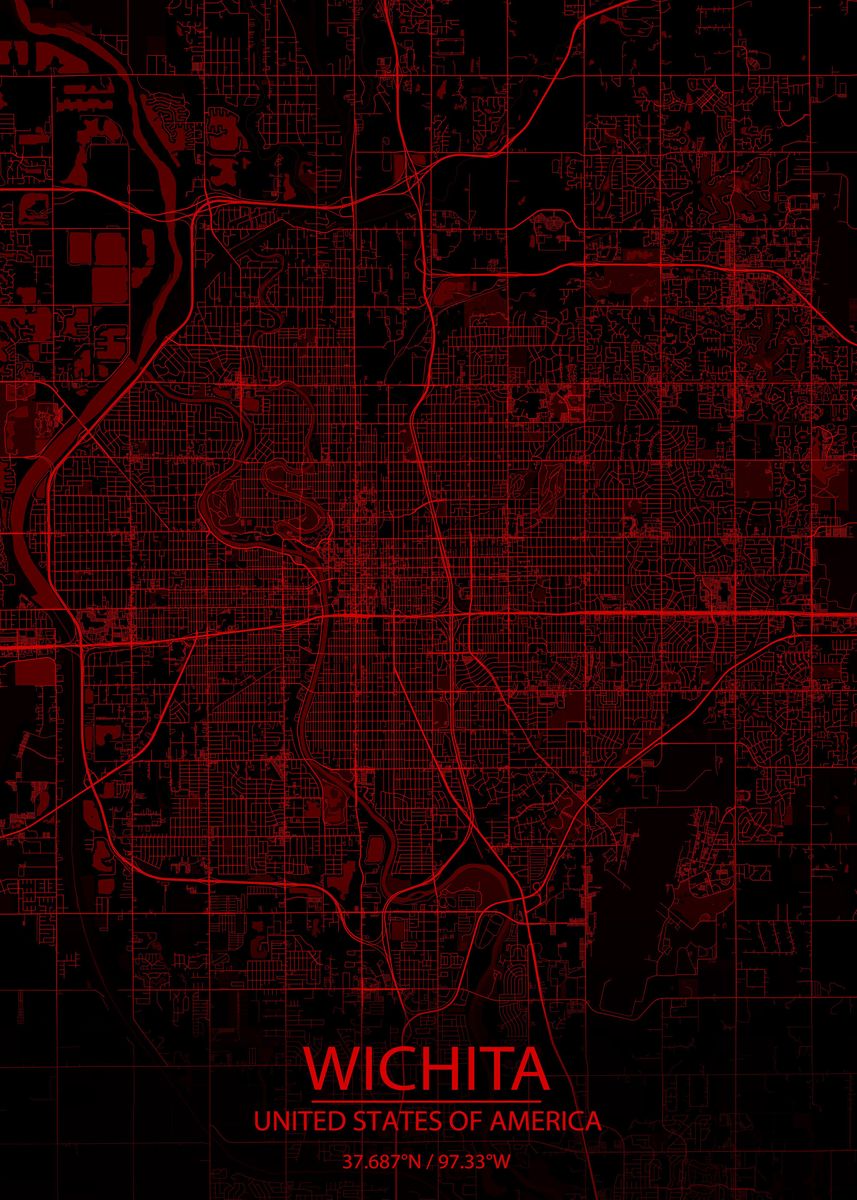 'Wichita Kansas BlackRedMap' Poster, picture, metal print, paint by ...
