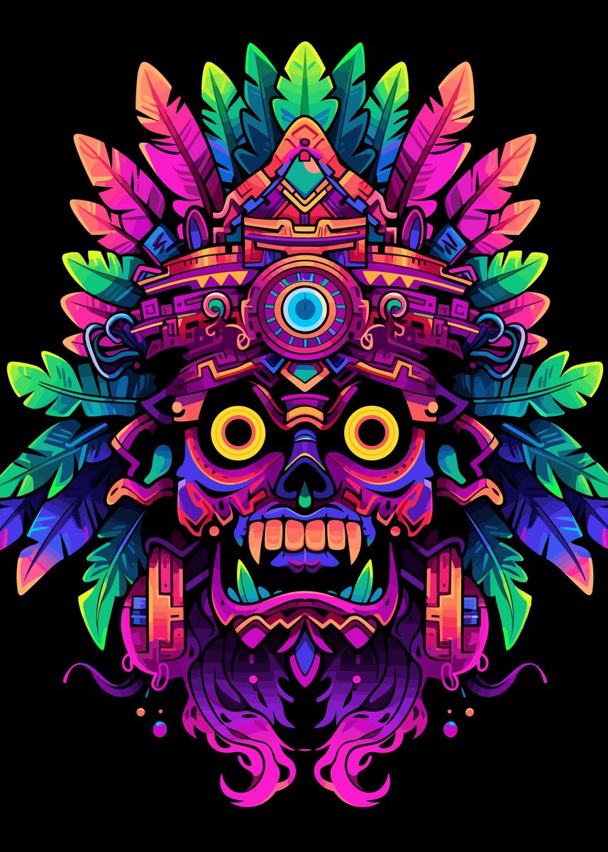 'Aztec Mask Neon' Poster, picture, metal print, paint by SuperNova ...