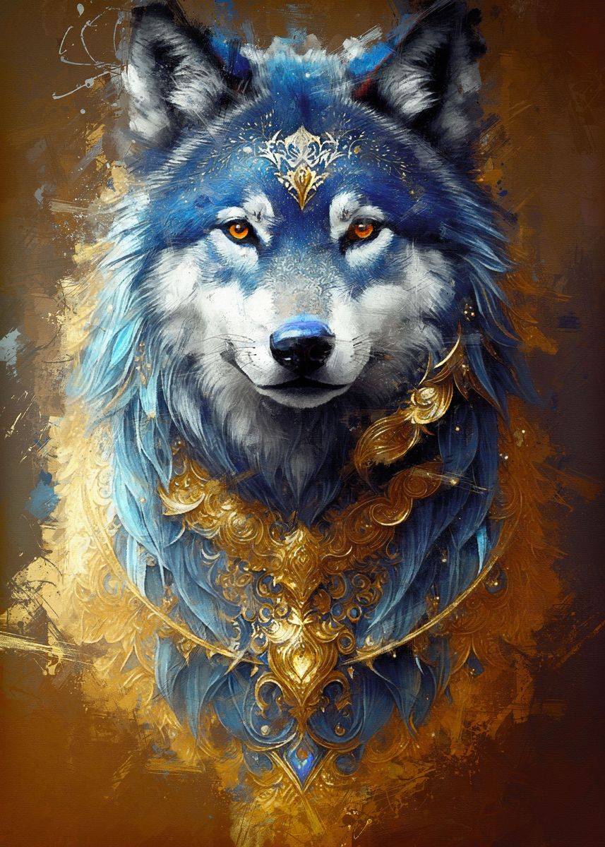 'Blue Wolf Gold Necklace' Poster, picture, metal print, paint by ...