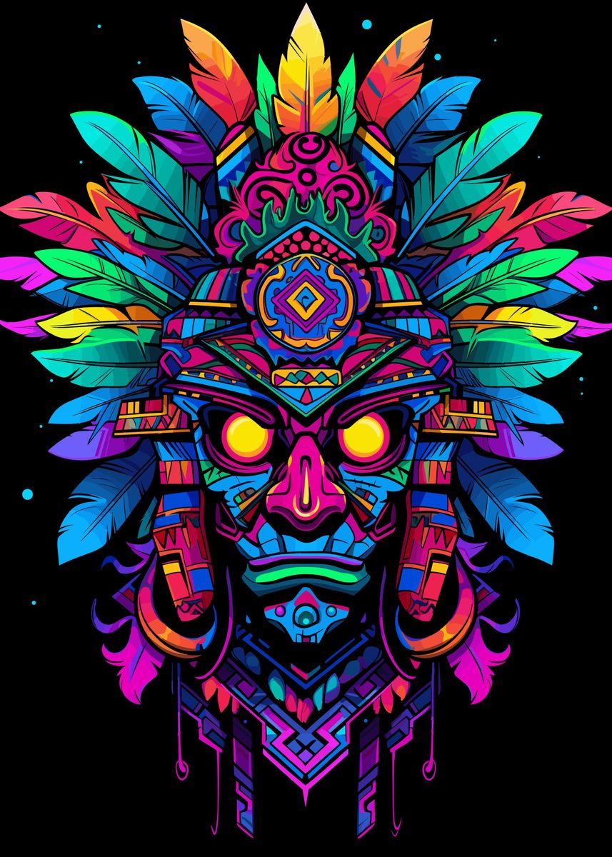 'Aztec Mask Neon' Poster, picture, metal print, paint by SuperNova ...