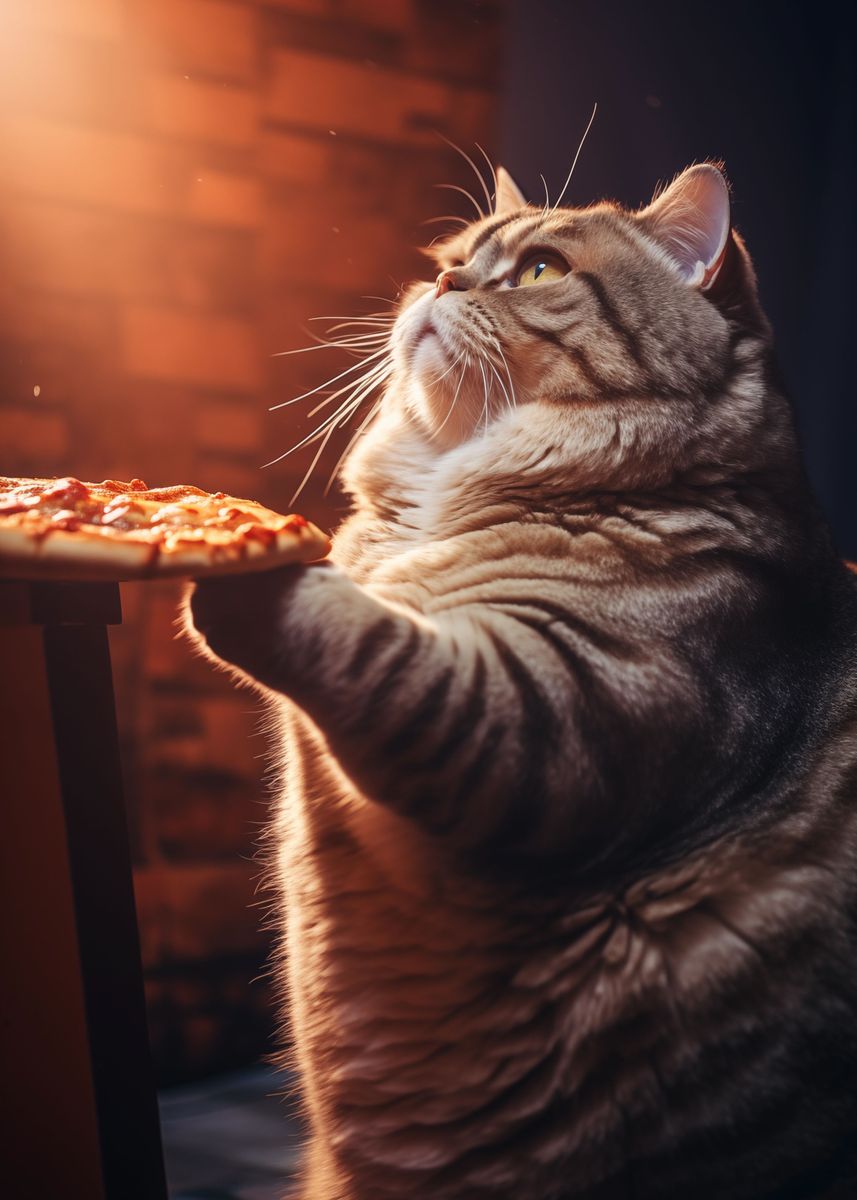 'Fat Cat Steals Tasty Pizza' Poster, picture, metal print, paint by ...