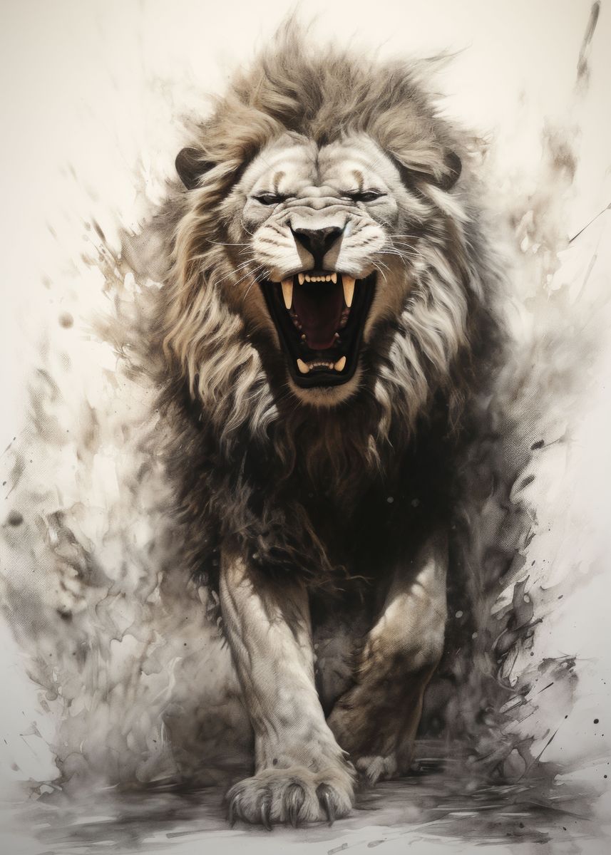'Portait of a roaring lion' Poster, picture, metal print, paint by ...