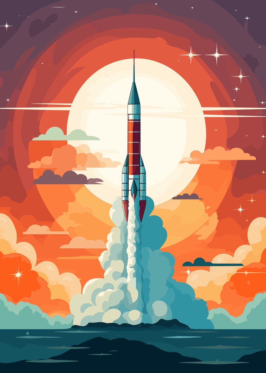 'Space Rocket Retro' Poster, picture, metal print, paint by SuperNova ...