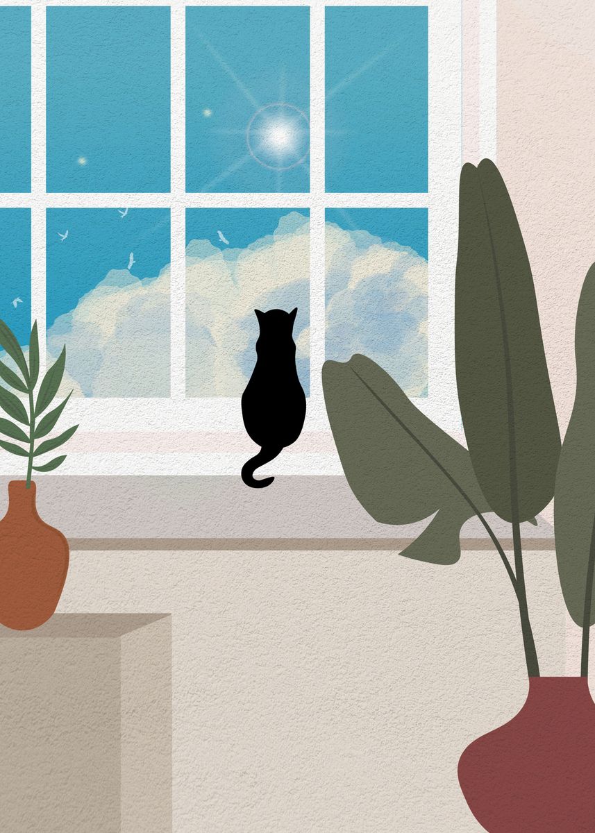 'Cat on a window' Poster, picture, metal print, paint by Ricky Aditya | Displate