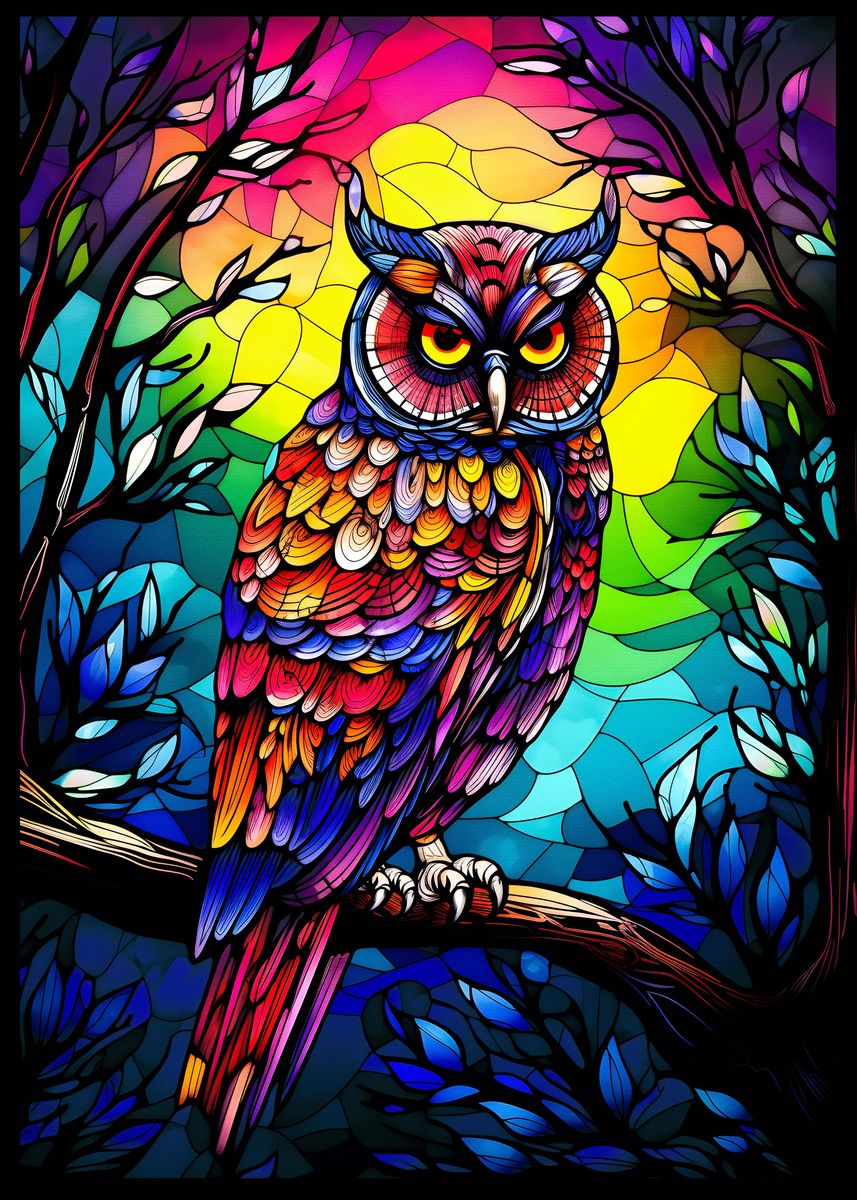'Colorful owl Stained Glass' Poster, picture, metal print, paint by ...