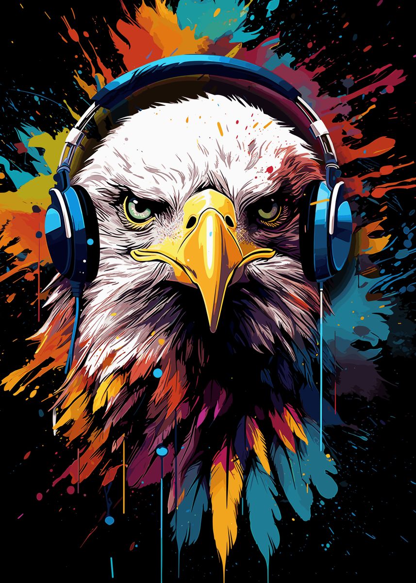 'Bald Eagle With Headphones' Poster, picture, metal print, paint by ...