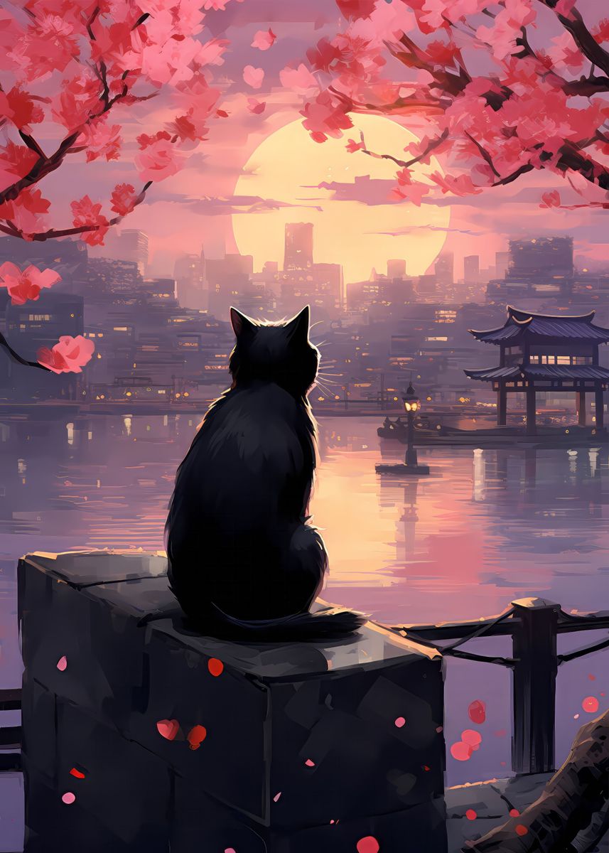 'Cute cat watching sunset' Poster, picture, metal print, paint by Simon ...