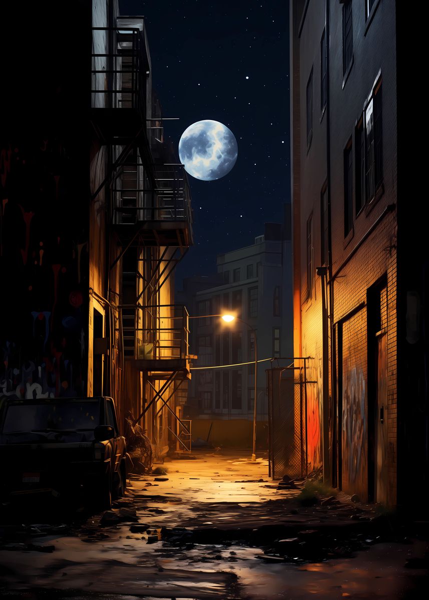 'Full Moon Street' Poster, picture, metal print, paint by AI and ME ...