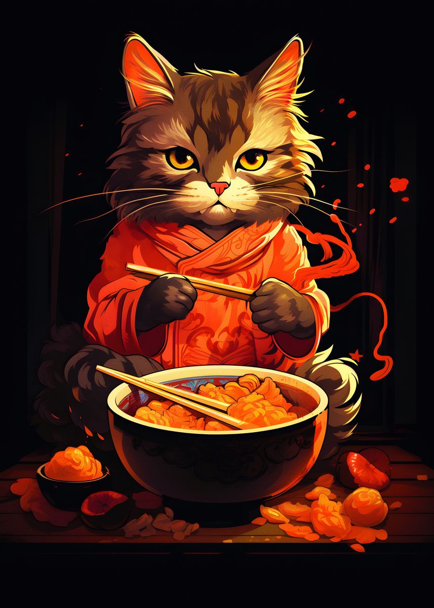 'Cute Cat Eating Ramen' Poster, picture, metal print, paint by Dream ...