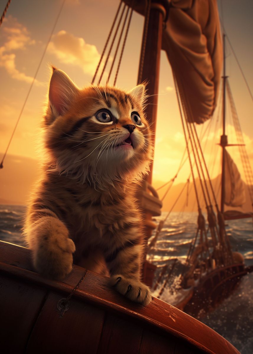 'Cute kitten Sailing Ship' Poster, picture, metal print, paint by Zenz ...