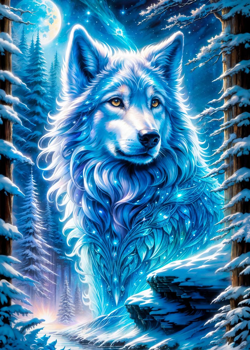 'Wolf in magic blue light' Poster, picture, metal print, paint by ...