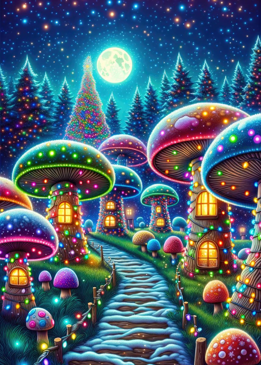 'Festive Mushroom Village 2' Poster, picture, metal print, paint by ...