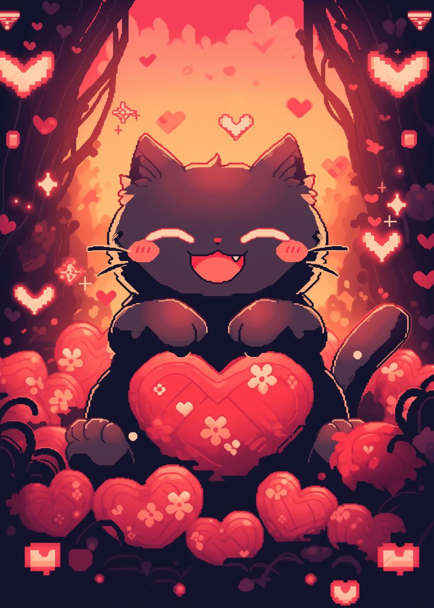 'Pixel Kitty Love' Poster, picture, metal print, paint by Davia Jleeyah ...