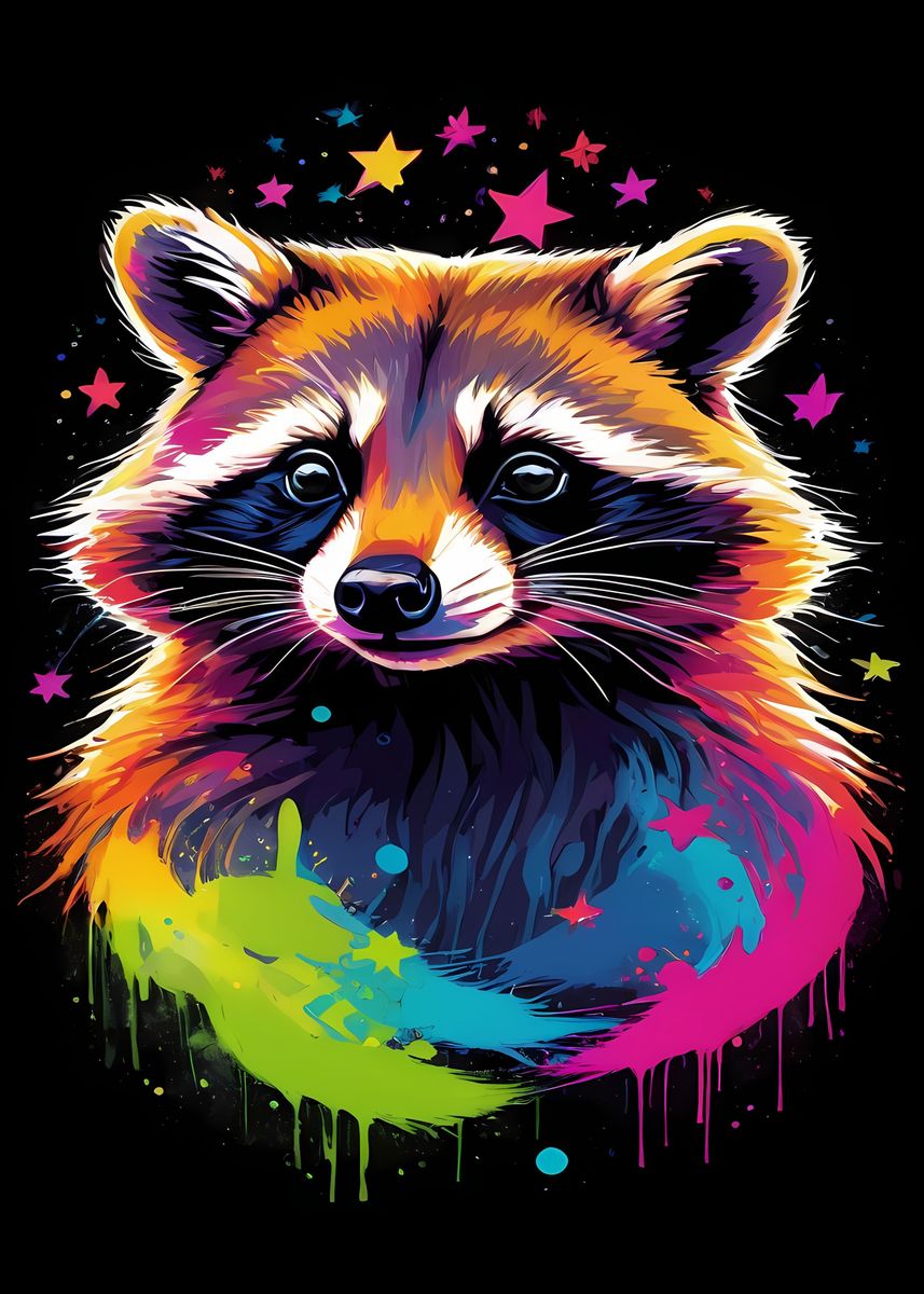 'Neon Raccoon' Poster, picture, metal print, paint by Dominustheus ...