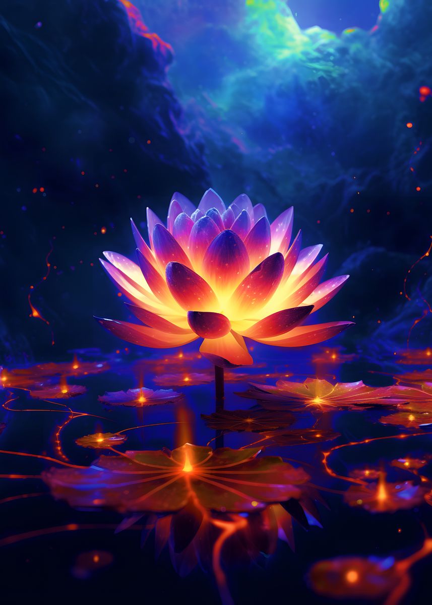 'Cosmic Neon Lotus Flowers' Poster, picture, metal print, paint by Mose ...